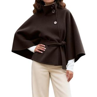 Generic Poncho dhiver surdimensionné à manches chauve-souris pour femme, col montant, cape courte avec ceinture, café, XXL