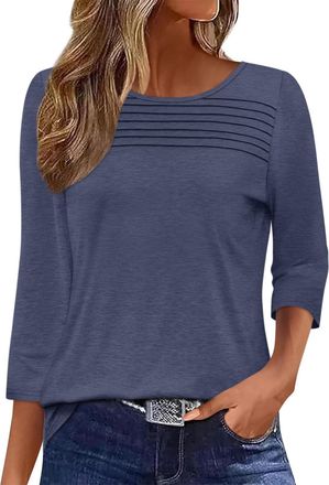 Onsoyours Shirt Damen 3/4 Arm Falten Rundhals Tshirt Leichte Pullover Sommer Herbst Oberteile Casual Tops Basic Shirt A Marine XXL