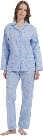 Global Ensembles de Pyjama pour Femme 100% Coton Vêtements de Nuit Manches Longues Boutonné Pantalon Taille élastiquée Cordon de Serrage Bleu XL
