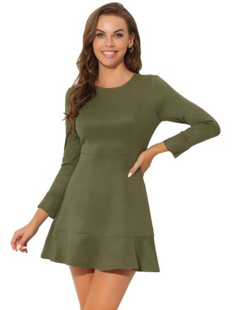 Allegra K Damen Winterkleid Langarm L&auml;ssig R&uuml;schensaum Rei&szlig;verschluss Wildlederimitat Minikleid Kleid Gr&uuml;n S