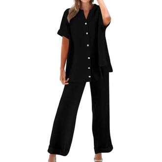 Generic Ensemble de pyjama 2 pi&egrave;ces &agrave; manches longues pour femme - V&ecirc;tement de d&eacute;tente tendance et confortable - Surv&ecirc;tement de nuit pour femme, Noir, XXXXXL