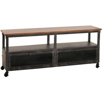 Hhg Neuwertig] Lowboard HHG 079, TV-Rack, Rollen 2 Fächer, 3D-Struktur Industrial Retro Metall Holz 55x130x36cm schwarz, braun