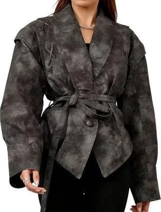 Generic Veste en cuir pour femme - Style r&eacute;tro surdimensionn&eacute; - Marron - Veste en similicuir avec ceinture - Tenue dautomne pour femme - Tendance printemps, g