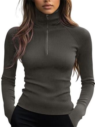 Generic Pull &agrave; col roul&eacute; c&ocirc;tel&eacute; pour femme - Couche de base thermique &agrave; manches longues - Tenue dautomne tendance, gris, XXL