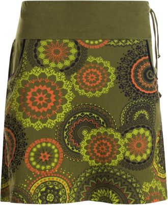 vishes kurzer Damen-Rock mit Mandalas in Olive I Gr&ouml;&szlig;e L (40-42) I Handgefertigt aus 100% Baumwolle I Rock mit Taschen I Ideal f&uuml;r warme & kalte Monate I Nac