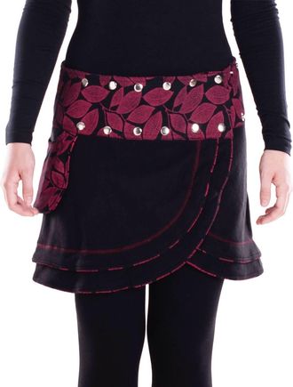 vishes Alternative Bekleidung - Warmer Damen Wickelrock Rock zum Wickeln mit Druckkn&ouml;pfen Bl&auml;tter schwarz 40-48