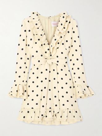 Valentino Garavani Mini-robe En Laine Et Soie M&eacute;lang&eacute;es &Agrave; Pois, Volants Et Ceinture - Blanc cass&eacute;