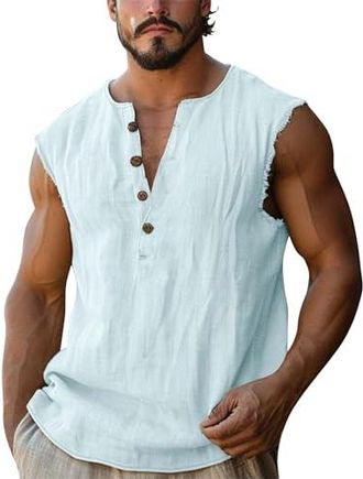 Generic DENGJIAMY D&eacute;bardeurs de plage pour homme D&eacute;contract&eacute; d&eacute;t&eacute; Coupe Off T-shirt tendance &agrave; col rond sans manches pour homme Mode Solide V&ecirc;tements, bleu, 3