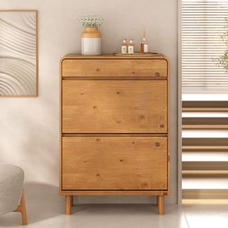 IDIMEX Schuhkipper NAEL mit 2 Klappen und Schublade, Eiche farben - schmaler Schuhschrank aus massivem Kiefernholz, platzsparende Schuhaufbewahrung mit Schub