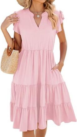 Generic Robe patchwork ample &agrave; manches courtes pour femme Printemps/&eacute;t&eacute; de couleur unie avec poches, rose, XXL