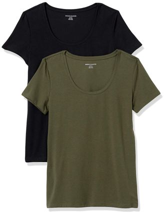 Amazon Essentials Damen Kurzärmeliges T-Shirt mit U-Ausschnitt (Erhältlich in Übergröße), Klassischer Schnitt, 2er-Pack, Dunkles Olivgrün/Schwarz, Größe S