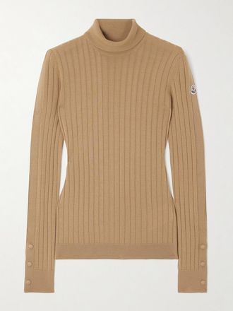 Moncler Pull À Col Roulé En Laine Et Cachemire Mélangés Côtelés À Appliqué Et À Boutons - Marron