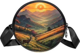 Generic Sac &agrave; bandouli&egrave;re Circle pour femme, petit sac &agrave; bandouli&egrave;re Art Mountain Deer avec fermeture &eacute;clair, bretelles r&eacute;glables, sac &agrave; main rond d&eacute;contract&eacute;