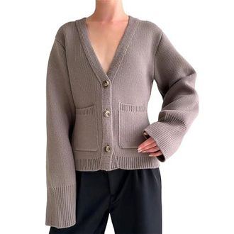 Generic Cardigan en tricot &agrave; manches longues et col en V pour femme, champagne, Taille XS