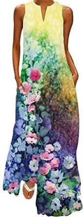 Ocean Plus Femmes Jupe Longue sans Manches Col V Robe Florale Imprimée Maxi Robe sans Manches avec Col en V (4XL, Floret)