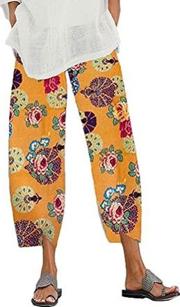 ORANDESIGNE Femmes Boho Harem Pantalon 7/8 Dété Pissenlit Motif Abstrait Taille Élastique Pantalon De Yoga Taille Haute Pantalon Large Lâche Pantalon en Lin Grand
