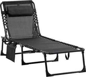 OUTSUNNY Bain de soleil transat pliable avec poign&eacute;e - dossier inclinable multi-positions, pochette, t&eacute;ti&egrave;re - acier &eacute;poxy lacets &eacute;lastiques textil&egrave;ne noir