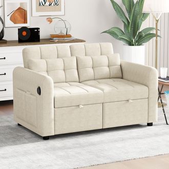 Merax Kompaktes Loveseat-Sofa 2-Sitzer, 3-in-1 Ausziehsofa mit USB, Aufbewahrungstaschen & Kissen - Modernes Schlafsofa für kleine Wohnungen