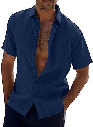 Generic Chemise en lin pour homme - Infroissable - Boutonn&eacute;e - D&eacute;contract&eacute;e - Chemise de plage - Chemise d&eacute;t&eacute; - Chemise en lin - Manches courtes - Henley - Ch