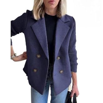 Generic Manteau d&eacute;contract&eacute; &agrave; manches patchwork en tricot &agrave; revers pour femme avec boutons &agrave; revers et double boutonnage, bleu marine, XXL