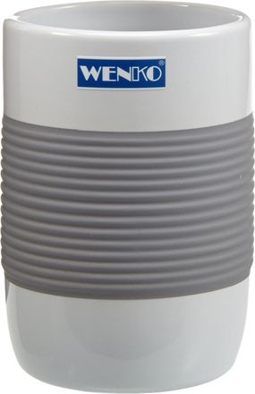 WENKO 21682233 Zahnputzbecher Bahia Grau - Zahnb&uuml;rstenhalter f&uuml;r Zahnb&uuml;rste und Zahnpasta, Keramik, 7.5 x 10.6 x 7.5 cm, Wei&szlig;