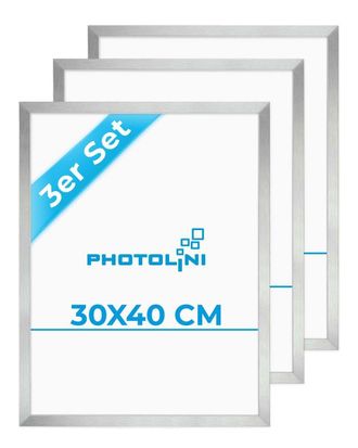 Photolini Bilderrahmen 30x40 Holz MDF Silber, 3er Set Bilderrahmen 40x30 cm, Picture Frame mit bruchsicherem Acrylglas, Rahmen 30 x 40 zum Aufh&auml;ngen, extra Zube