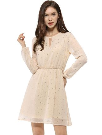 Allegra K Damen A-Linie Kleid V-Ausschnitt Metalic Stern Minikleid Beige M