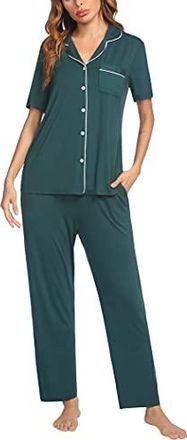 Ekouaer Pyjama Femme Ensembles Grande Taille Ete Manches Courtesnches Courtes et Pantalons Longs Style Classique Vêtements de Nuit Femme, Vert, XL