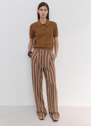 Mango Pull-over maille ajour&eacute;e col polo caramel - Femme - XXS - MANGO