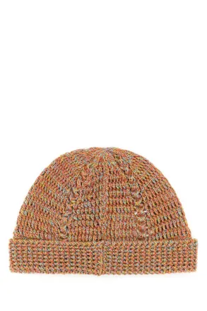 Valentino Garavani Mens Multicolor Linen Blend Knitted Vlogo Signature Beanie Hat Ocramouline Exterior: Cotton Cuffie Ocramouline