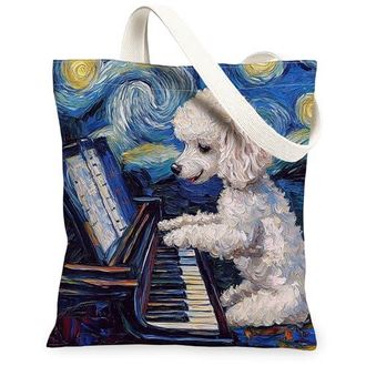 Generic Sac fourre-tout en toile avec caniche pour le shopping, 33 x 38 cm, motif piano &eacute;toil&eacute;, sac d&eacute;picerie r&eacute;utilisable pour femme, animal de compagnie, ch