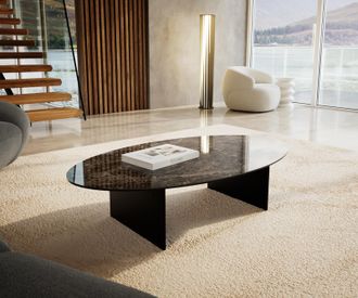 DELIFE Couchtisch Edge Oval 140x80 cm Keramik Emperador Extra Lucidato Dunkelbraun Salto Metall Schwarz, Couchtische