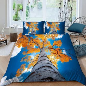 Generic Bettw&auml;sche 220x240 cm Gelbes Ahornblatt 3 Teilig Bettbezug 220 x 240 Baum-Print Bettw&auml;sche-Sets 3D Weiche Mikrofaser Bettbezug Set mit Rei&szlig;verschluss 