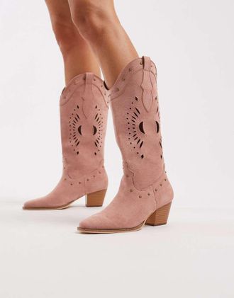 Glamorous Kniehohe Cowboystiefel in Babyrosa