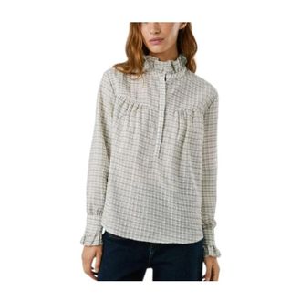 Pepe Jeans London Bluse mit gerafftem hohem Kragen und Karomuster - - Blouses & Shirts - Damen - Wei&szlig; - L