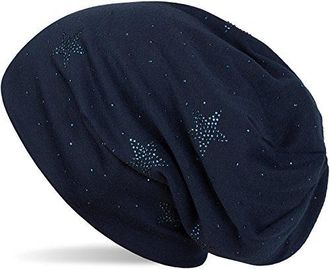 styleBREAKER Bonnet avec étoiles en Strass et Strass Tout Autour, Bonnet Long Slouch, pour Femmes 04024116, Couleur:Bleu Nuit/Bleu foncé
