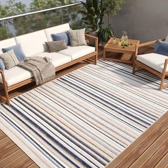 Tapiso Patio Tapis Ext&eacute;rieur Int&eacute;rieur Terrasse Balcon Jardin dhiver Cuisine Salon Moderne Bleu Beige Gris Ray&eacute; Aspect 3D R&eacute;sistant aux Intemp&eacute;ries Oeko-TEX 