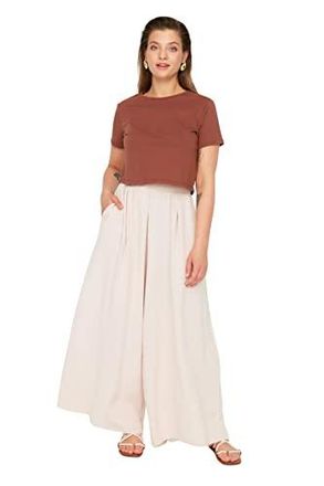 Trendyol Normal Waist Relaxed Plus Size Pants Pantalons, Beige, 44 Femme