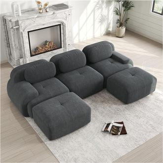 Generic Modulares Schlafsofa mit Ottomane, 3-Sitzer, modulares Cord-Sofa, ohne Montage, for Wohnzimmer, rahmenloses Sofa, mit gebogenen Armlehnen(Grigio.,3S+2