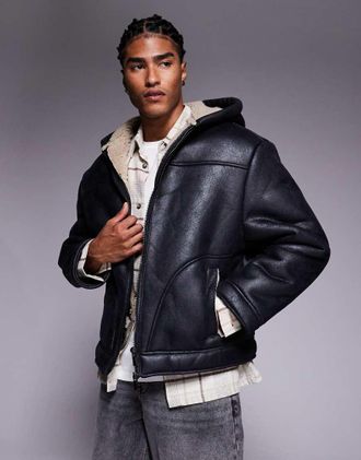 Good For Nothing Arbeiter-Jacke aus Kunstleder in Schwarz mit Kapuze und Futter in Lammfelloptik