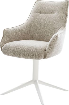 DELIFE Esszimmerstuhl Alja-Flex mit Armlehnen Fu&szlig;kreuz Wei&szlig; Webstoff Soft Beige 360&deg; drehbar Wippfunktion Taschenfederkern