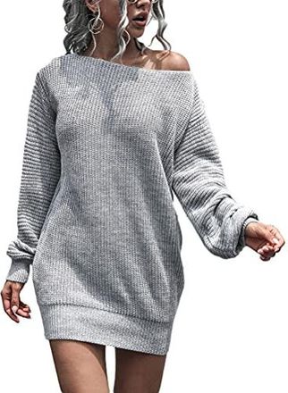 Onsoyours Robe Pull Femme Elégante Couleur Unie Sexy Robe Automne Hiver Tricotée à Manches Lanterne à Epaules Dénudées Gris XL