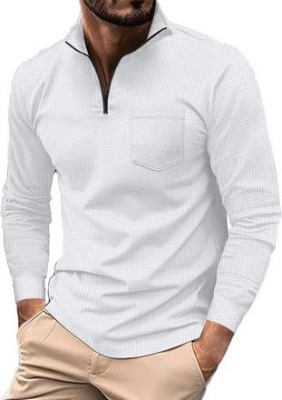 Generic Chemise gaufr&eacute;e &agrave; col rond pour homme - Polo &agrave; manches longues avec poche de poitrine - Fermeture &eacute;clair 1/4 - Couleur unie - T-shirt d&eacute;t&eacute; d&eacute;contract&eacute;