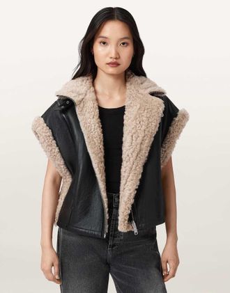 AllSaints Marlin - Weste in Schwarz/Natur mit Lammfell