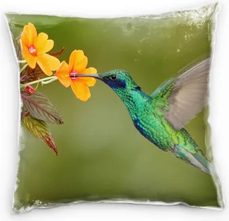 Paul Sinus Art Tiere, Kolibri, Blüte, grün, orange, türkis Deko Kissen 40x40cm für Couch Sofa Lounge Zierkissen - Dekoration zum Wohlfühlen