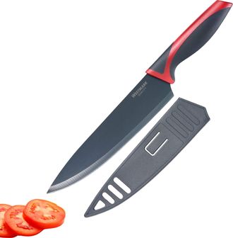 Westmark Chef-/Küchenmesser, Klingenlänge: 20 cm, breite Klinge, mit Klingenschutz, Rostfreier Edelstahl/Kunststoff, Anthrazit/Rot, 14542280