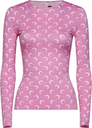 Marine Serre Femme, Tops, Rose, Taille: 40 FR Moon Printed Jersey Long-Sleeve Crewneck Top