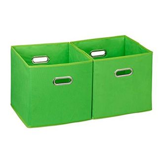 Relaxdays Aufbewahrungsbox 2er Set, Regalkorb ohne Deckel, mit Griff, faltbar, Stoffbox quadratisch, 30 cm, grün