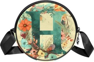 Generic Petit sac &agrave; bandouli&egrave;re rond pour femme, motif floral, lettres H, sac &agrave; dos avec fermeture &eacute;clair, bretelles r&eacute;glables, sac &agrave; main rond d&eacute;contract&eacute; po