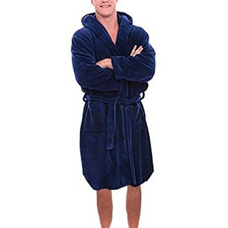 Generic Peignoir de bain moelleux super doux &agrave; capuche avec ceinture pour homme - Robe de chambre ample et confortable - Col en V - Cardigan &agrave; manches longues